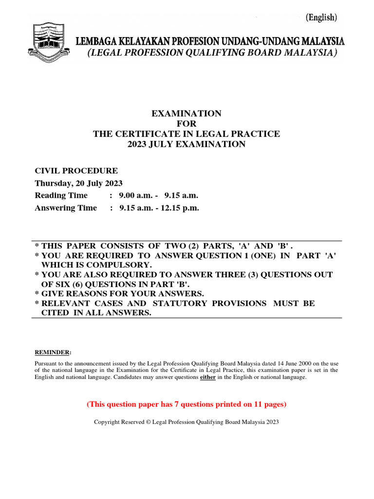 Civil Procedure Paper July 2023 (Past Year Question) | PDF | Ex Parte ...