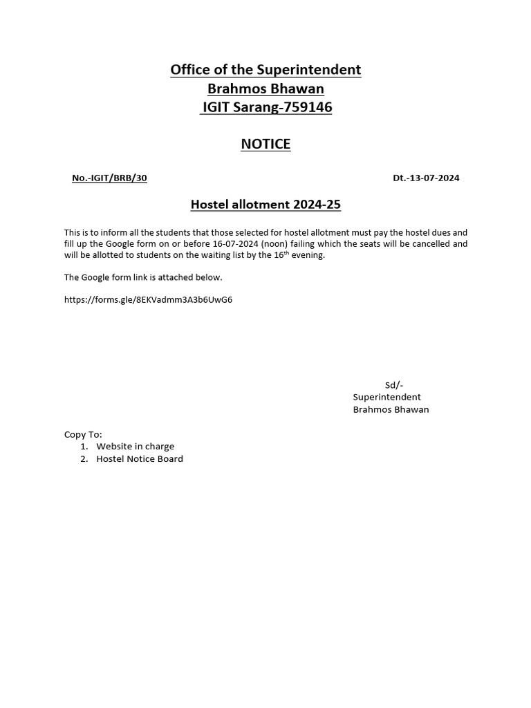 Notice Regarding Hostel Allotment in Brahmos Bhawan 1720935185 | PDF