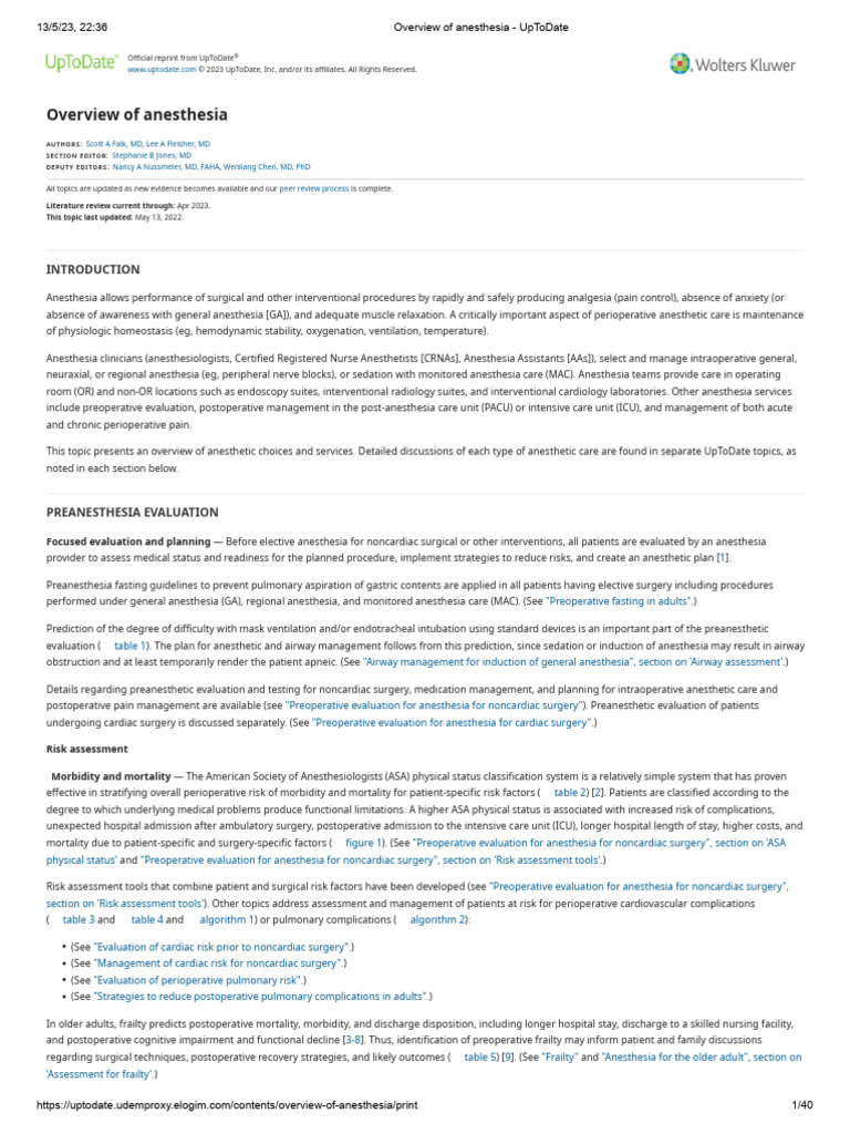 Overview of Anesthesia - UpToDate | PDF | Anesthesia | Surgery