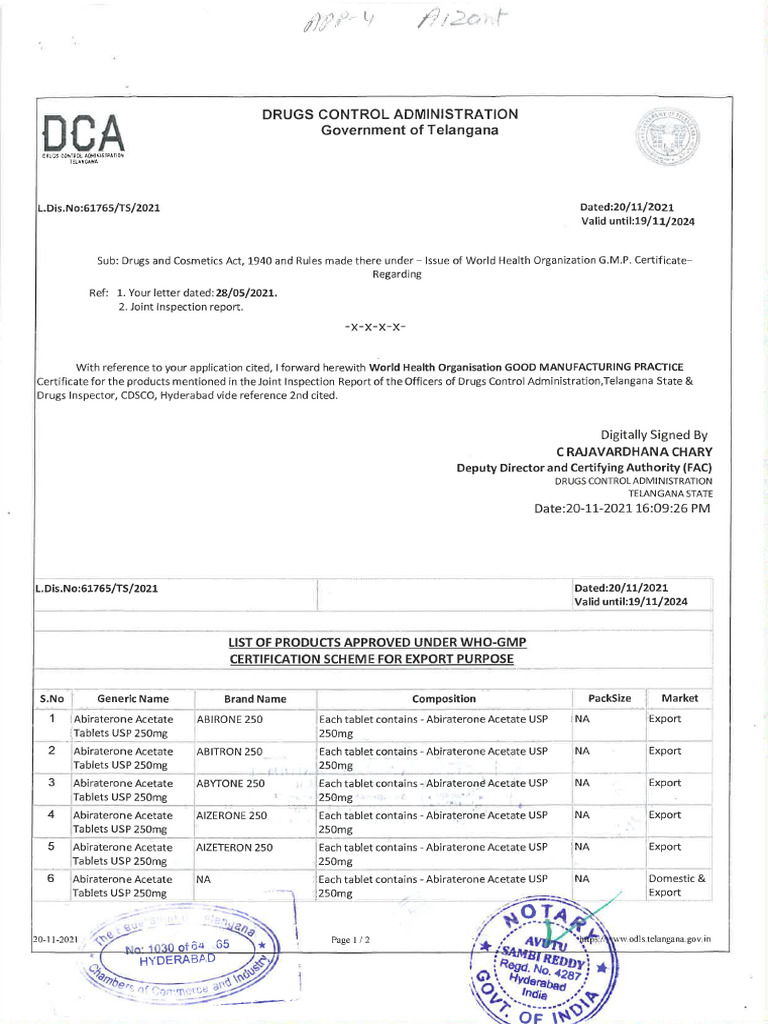 Apostilled Copy - GMP - Abirateron 250mg | PDF