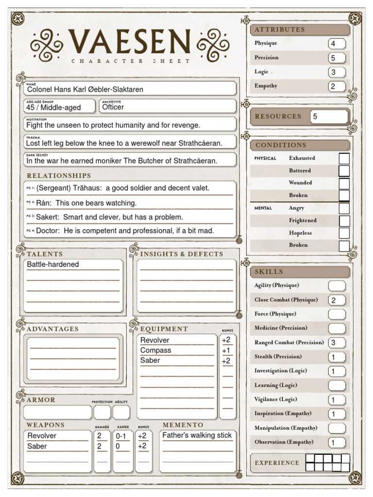 Vaesen Character Sheet Fillable | PDF