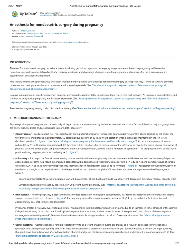 Anesthesia For Nonobstetric Surgery During Pregnancy - UpToDate | PDF ...