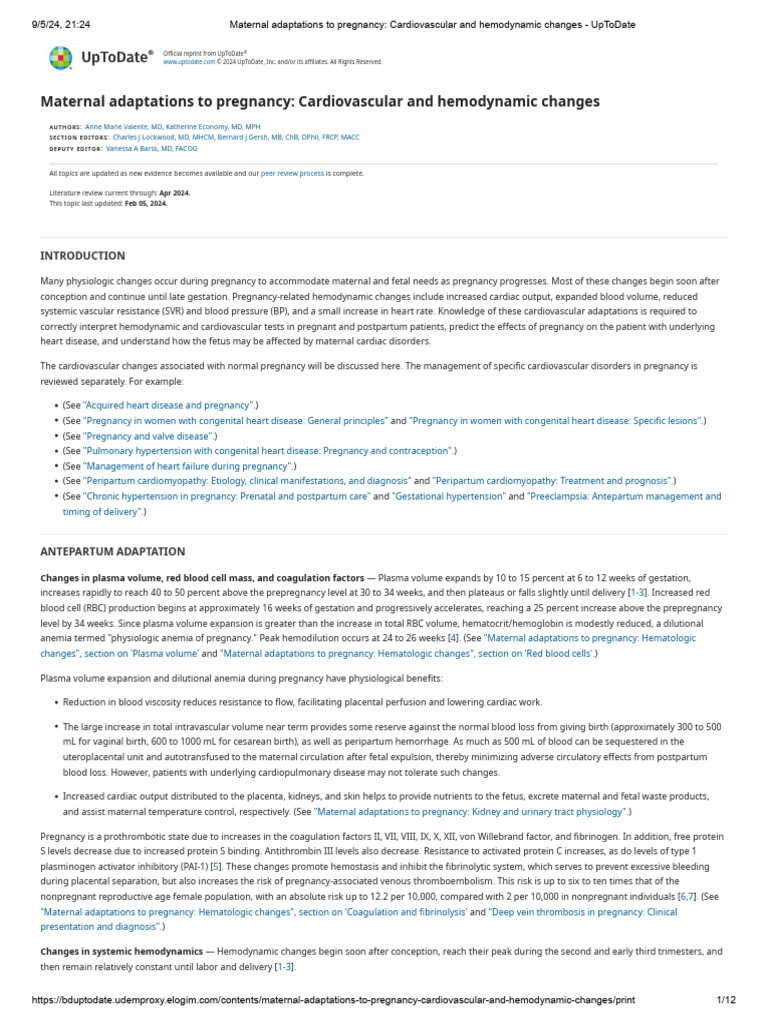 Maternal Adaptations To Pregnancy - Cardiovascular and Hemodynamic ...