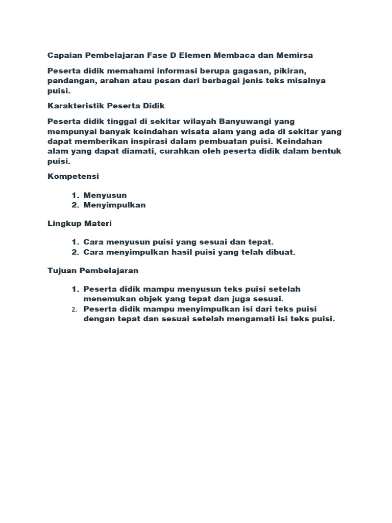 Capaian Pembelajaran Fase D Elemen Membaca Dan Memirsa | PDF | Seni ...