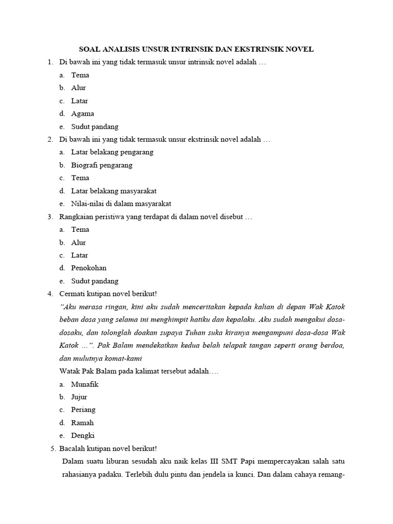 Soal Analisis Unsur Intrinsik Dan Ekstrinsik Novel | PDF | Puisi | Fiksi Umum