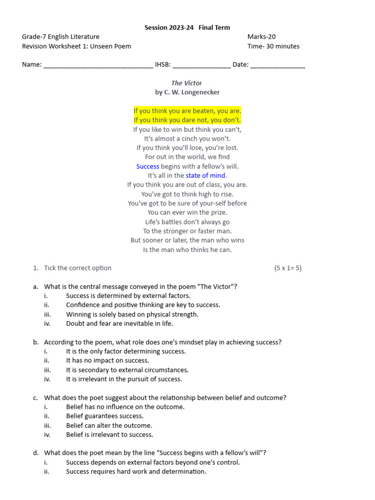 G-7 Eng - Lit Final Term Revision WS-1 | PDF | Poetry | Psychology