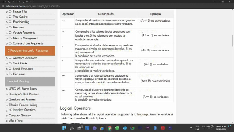 Operadores en C - Tabla - 2 | PDF