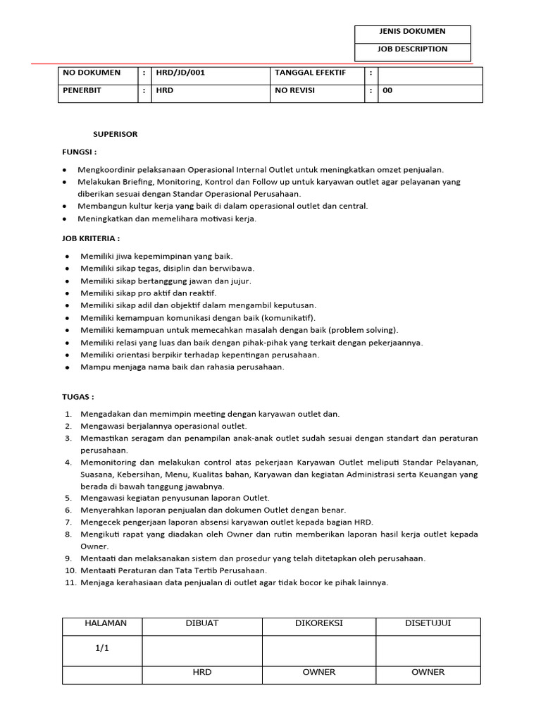 HRD - JD.001 Supervisor | PDF | Bisnis