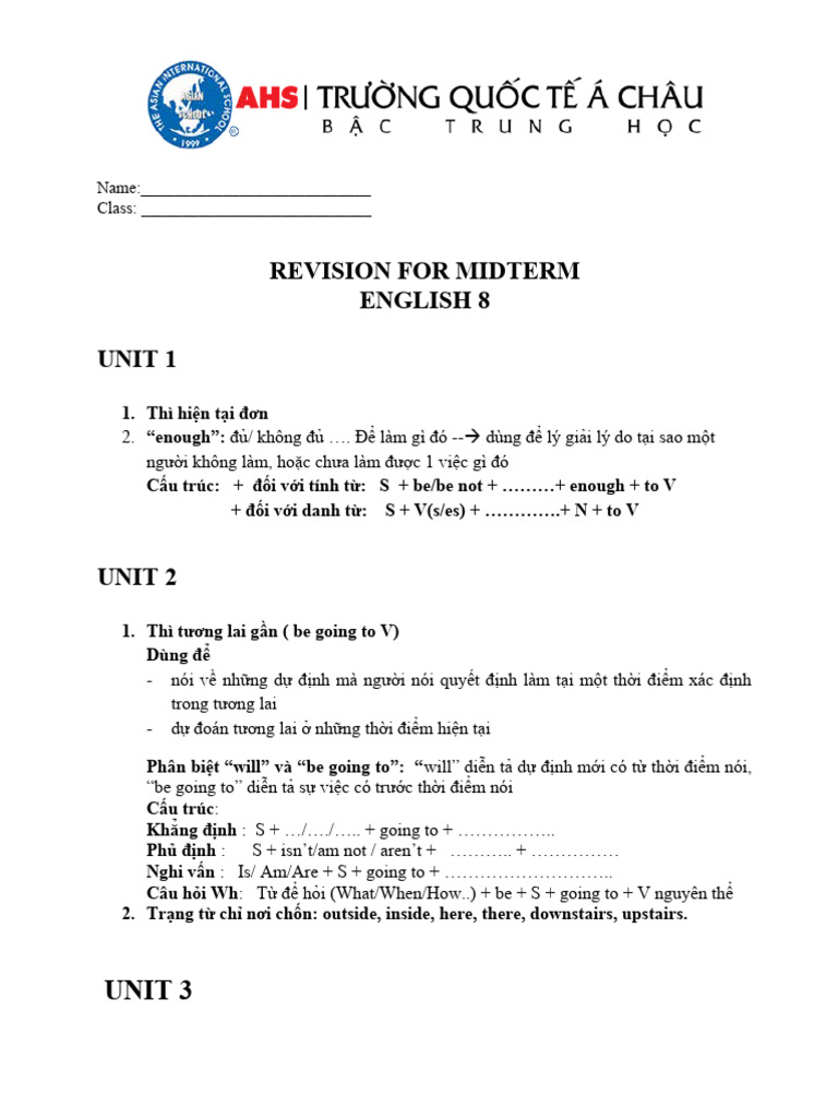 De Cuong On Tap Giua Hoc Ki 1 Tieng Anh 8 | PDF