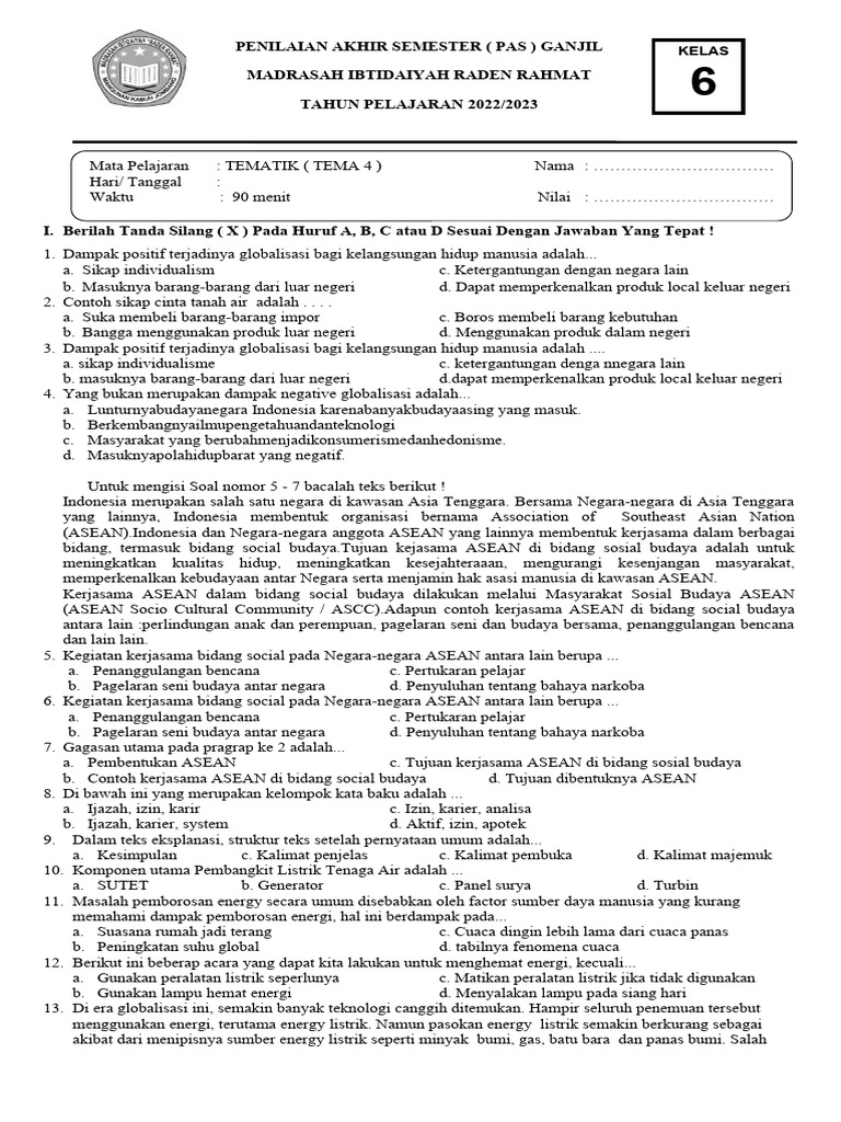 Naskah Soal Pas Kelas 6 Tema 4 | PDF