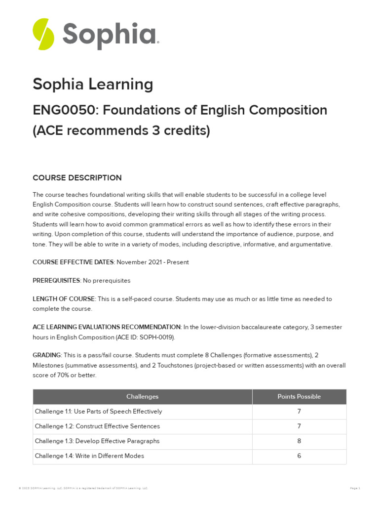Sophia Foundations of English Composition Syllabus | PDF | Essays | Verb