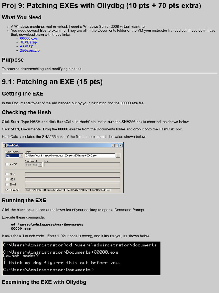 Proj 9 Patching EXEs With Ollydbg 10 Pts 70 Pts Extra | PDF | Computer ... Proj 9 Patching EXEs With Ollydbg 10 Pts 70 Pts Extra | PDF | Computer ...