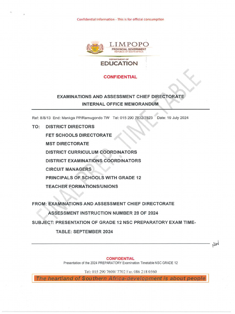 FINAL GRADE 12 PREPARATORY EXAMINATION TIME TABLE 2024 | PDF
