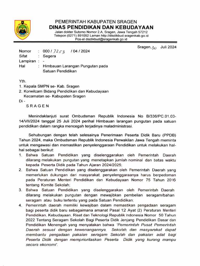 Himbauan Larangan Pungutan Pada Satuan Pendidikan | PDF