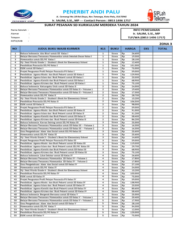 FORM PALU PESANAN SD,SMP & SMA KURMER Z3 2024 - Copy | PDF