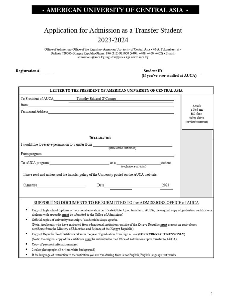 AUCA Transfer Applications 2023 | PDF | Mail | Passport