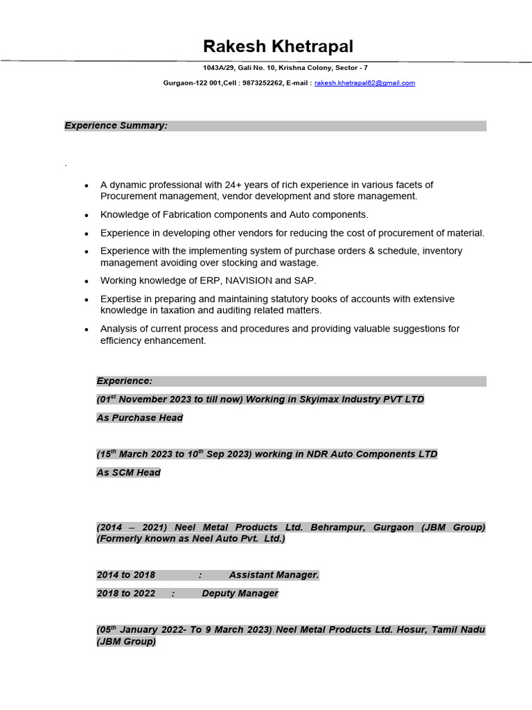 Resume Rakesh Khetrapal 24 1 2024 | PDF | Inventory | Procurement