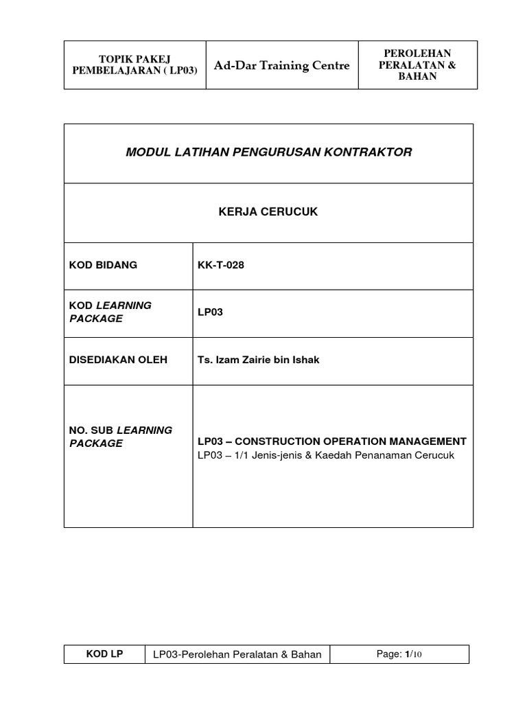 Modul Latihan Cerucuk LP03 (Perolehan Peralatan & Bahan) | PDF