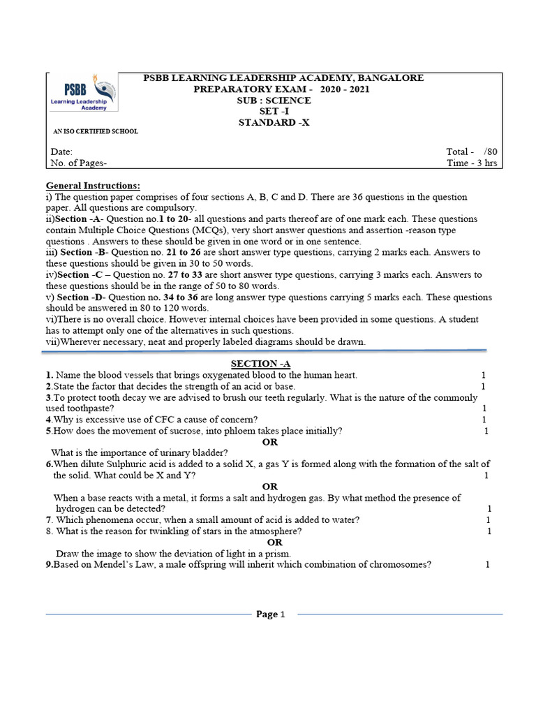 Cla SS Ten Pre Board Paper Set 1 | PDF | Stomach | Digestion