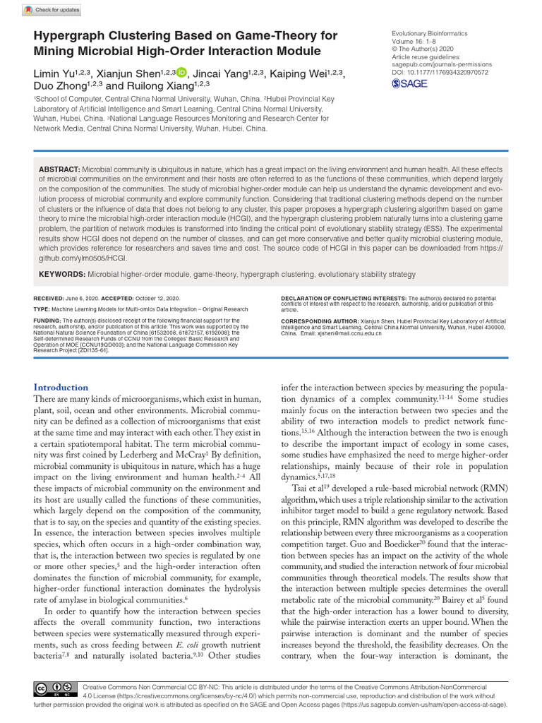 Yu Et Al 2020 Hypergraph Clustering Based On Game Theory For Mining Microbial High Order ...