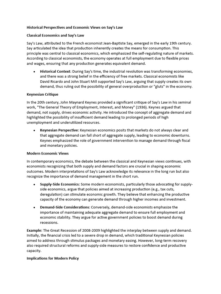 Historical Perspectives and Economic Views On Say's Law | PDF ...