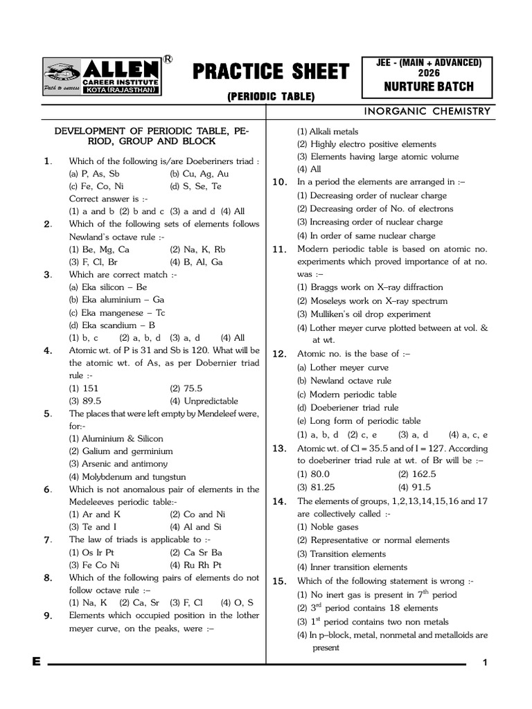 01 Periodic Table (Practice Sheet) | PDF | Periodic Table | Ionization