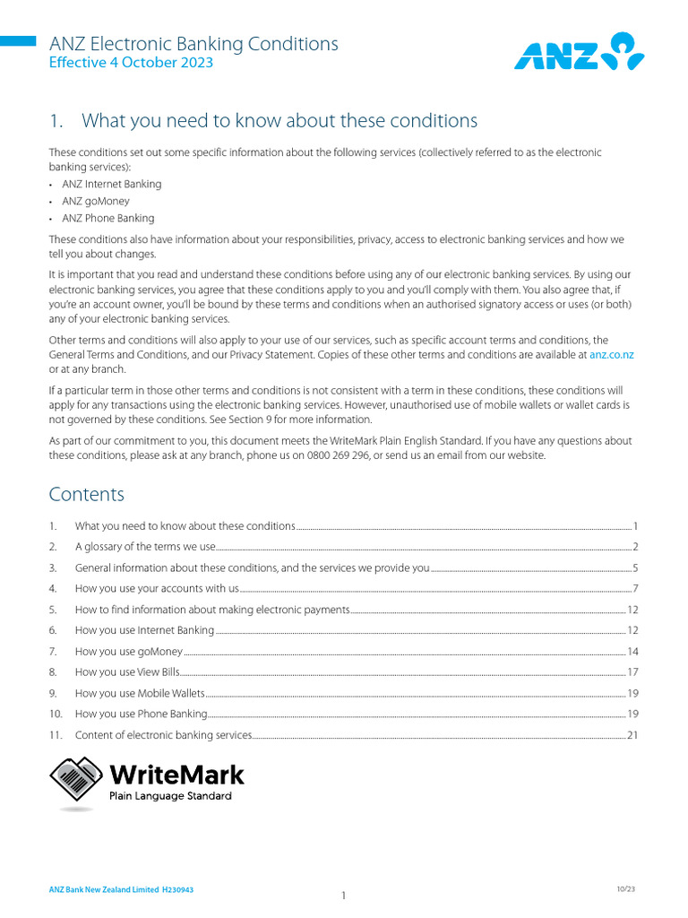 ANZ Electronic Banking Conditions | PDF | Debit Card | Personal ...