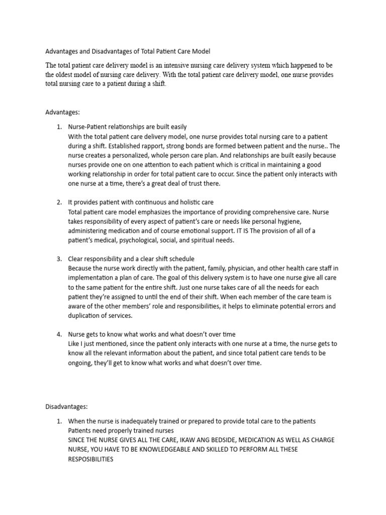 Advantages and Disadvantages of Total Patient Care Model | PDF ...