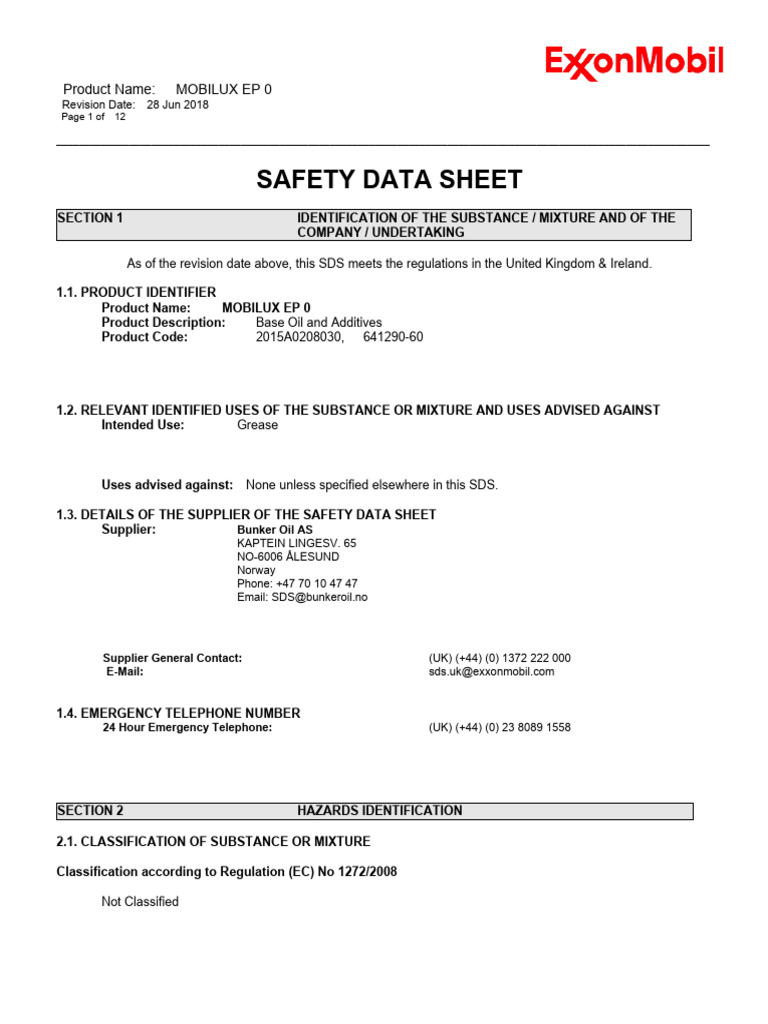 MSDS Grease Mobilux EP 0 | PDF | Safety | Occupational Safety And Health