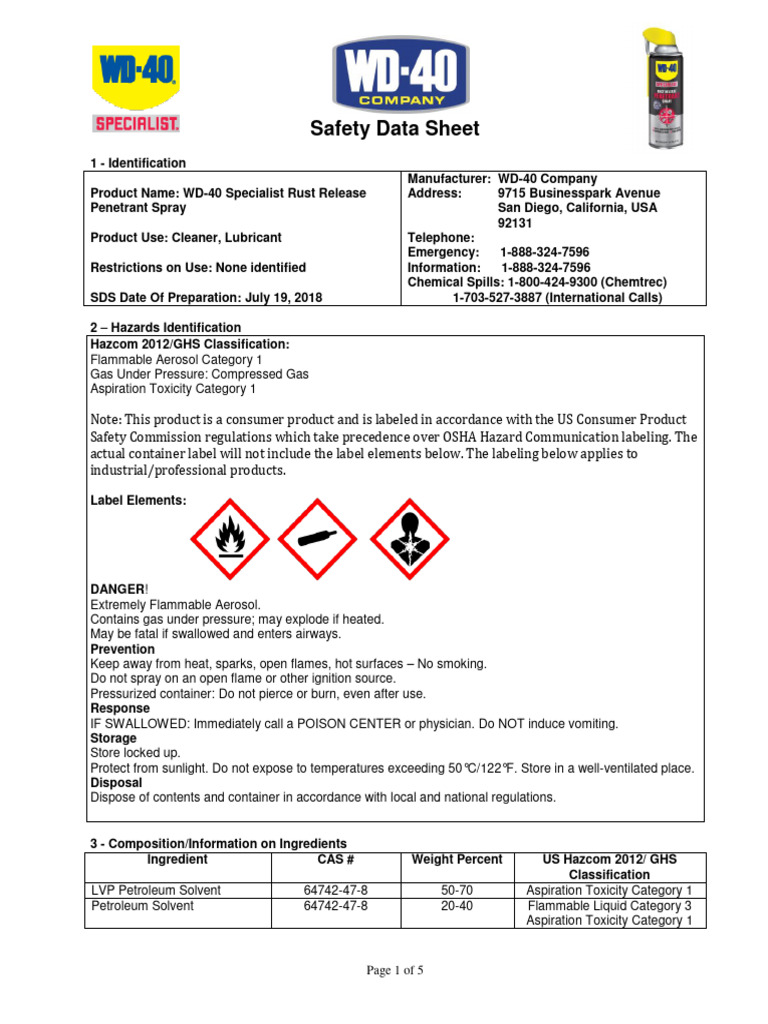MSDS Rust Penetrant Merk WD40 | PDF | Occupational Safety And Health ...