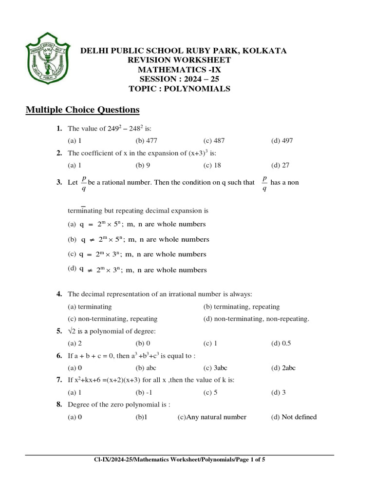 Class 9 Mathematics Worksheet: Polynomials | PDF | Polynomial | Mathematics