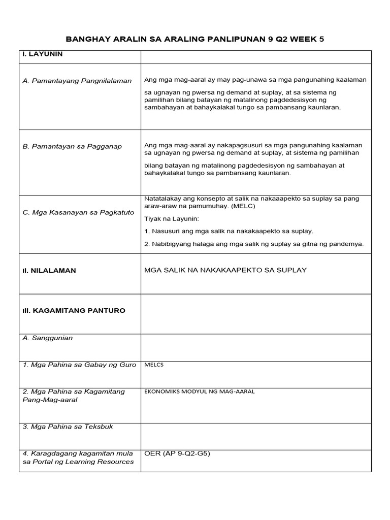 LESSON PLAN AP 9 - Q2 - G5 - Mga Salik Na Nakaaapekto Sa Suplay | PDF