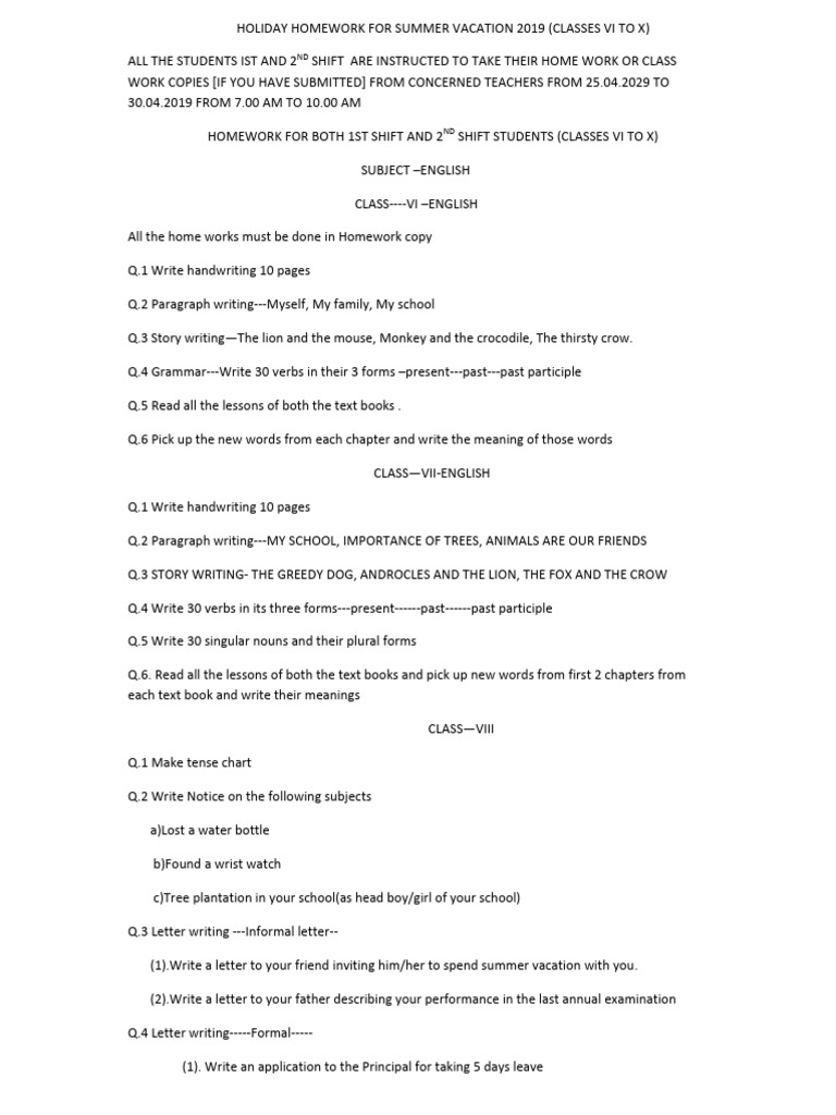 Holiday Homework For Summer Vacation 2024 | PDF | Verb | English Language