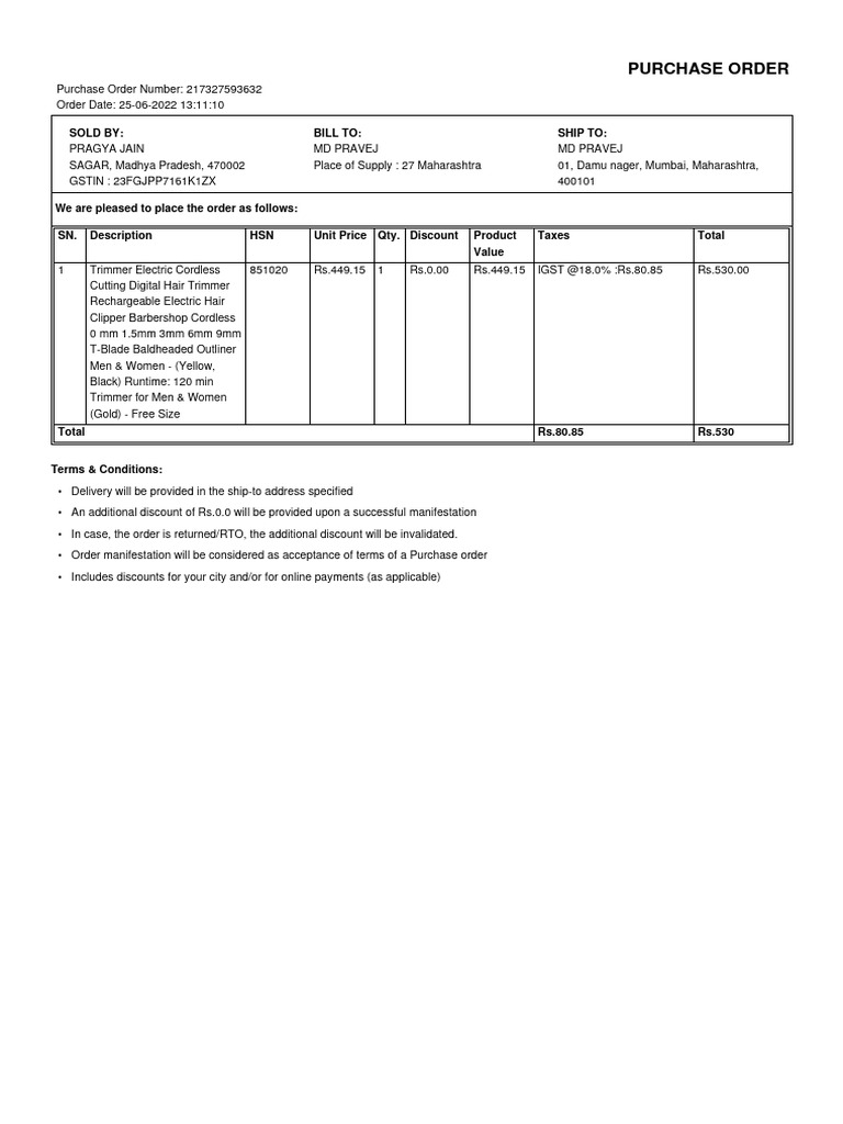 Ms Purchase Order 217327593632 1 | PDF