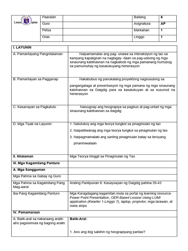 Q2 Lesson Plan - G8q1w7-Pinagmulan NG Tao - Ap8 | PDF