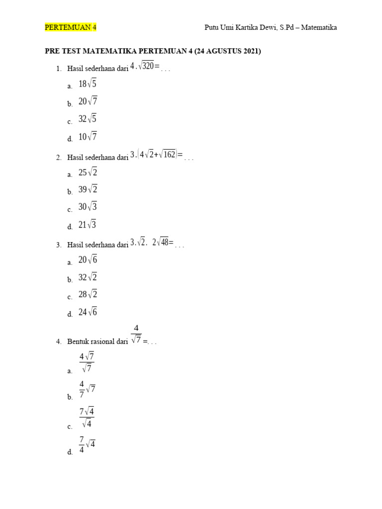 Soal Pre dan Post Test Matematika 4 | PDF | Metode & Bahan Ajar