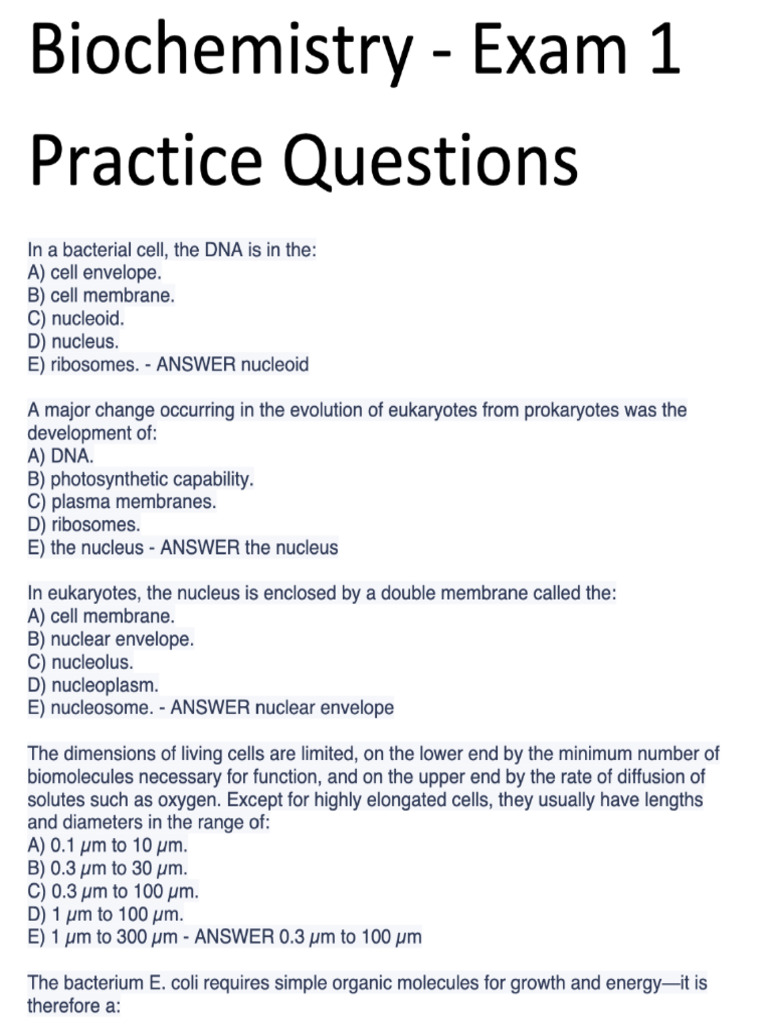Biochemistry Exam 1 Practice Questions Biochemistry 2022 | PDF