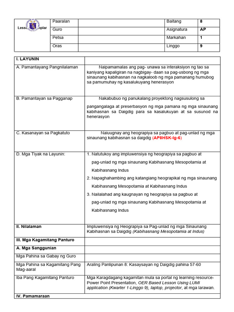 Q2 Lesson Plan - G8q1w9-Kabihasnang Mesopotamia at Indus - Ap8 | PDF