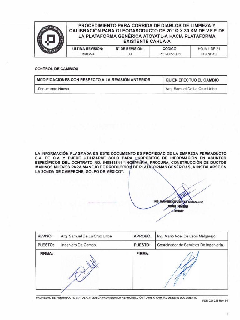 PET-OP-1308 REV 0 (Validado) CORRIDAS LIMPIEZA CAHUA-A | PDF | Tubería (transporte de fluidos)