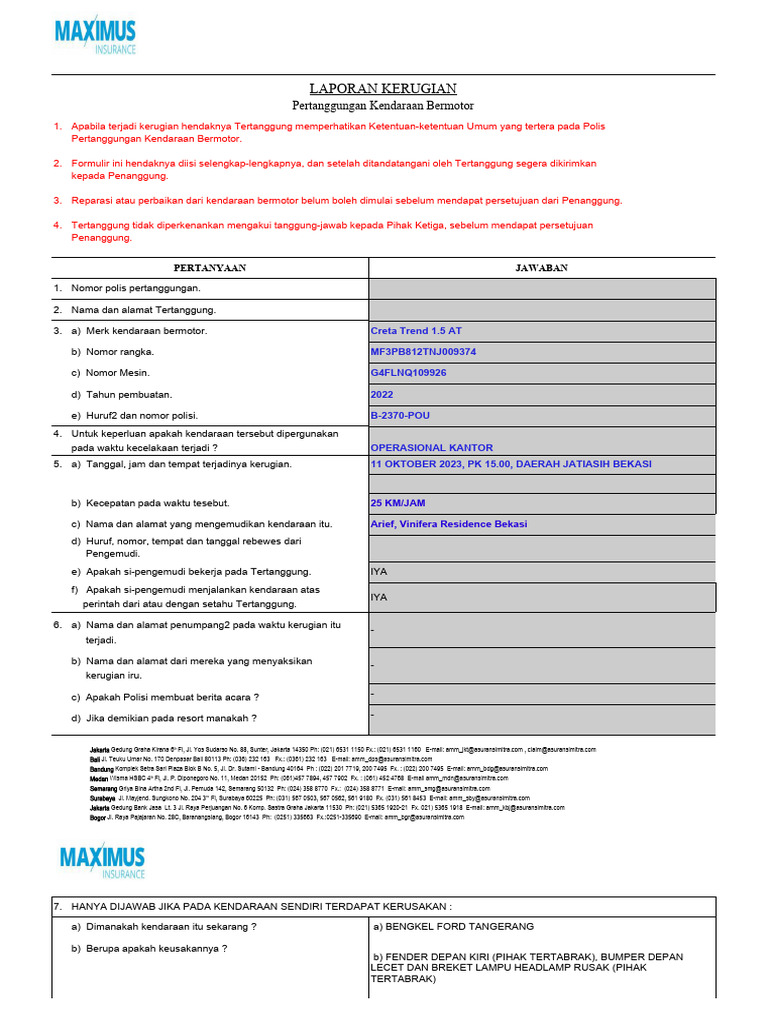 Form Klaim Asuransi Kendaraan Creta B 2370 Pou | PDF