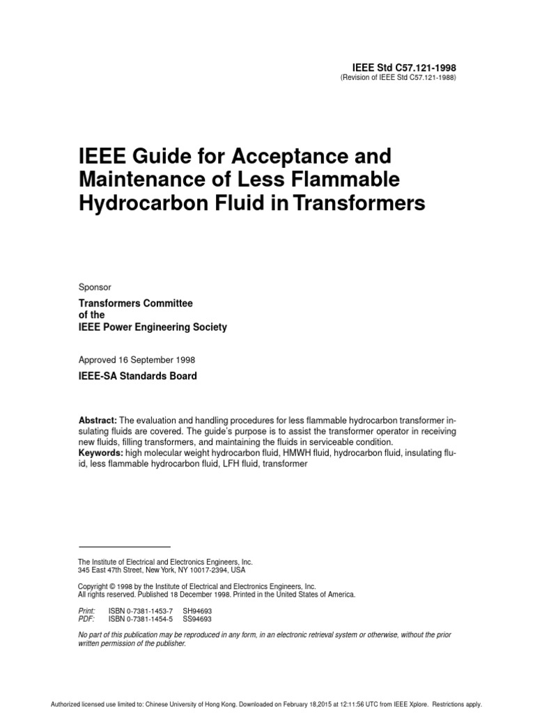 C57.121-1998 - IEEE Guide For Acceptance and Maintenance of Less Flammable Hydrocarbon Fluid in ...