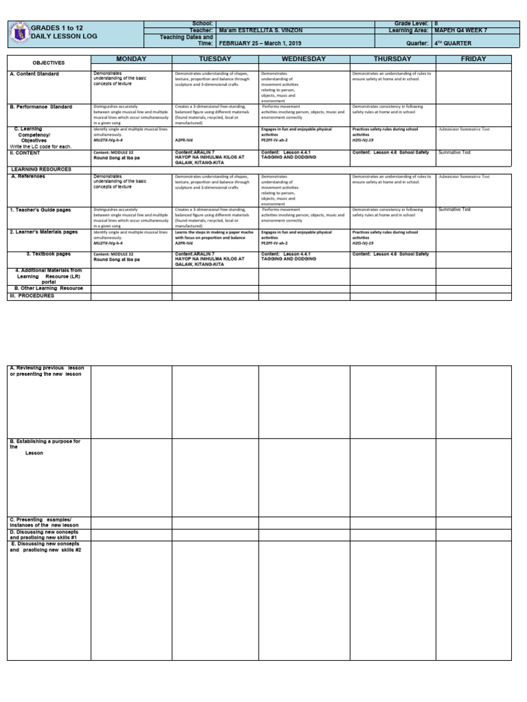 Mapeh 2 - Q4 W7 DLL - Edited | PDF | Learning | Human Communication