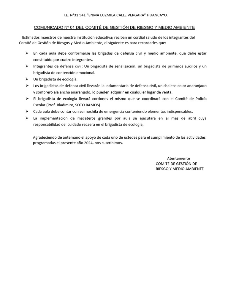 Comunicado Del Comite de Gestion de Riesgo | PDF