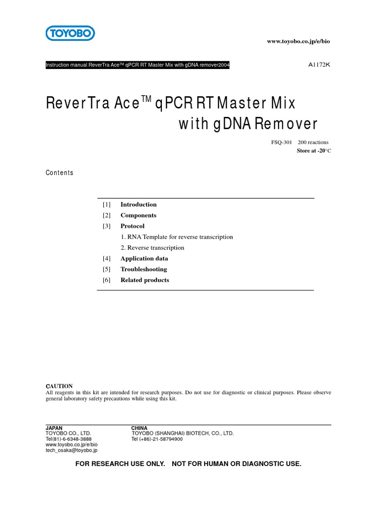 ReverTra Ace QPCR RT Master Mix With gDNA Remover | PDF | Real Time ...
