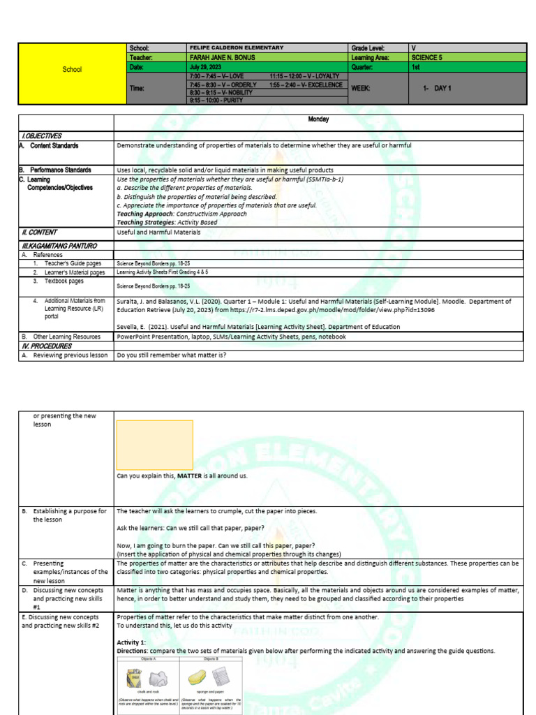 DLL - Science 5 - Q1 - W1 - Day 1 | PDF | Ductility | Matter
