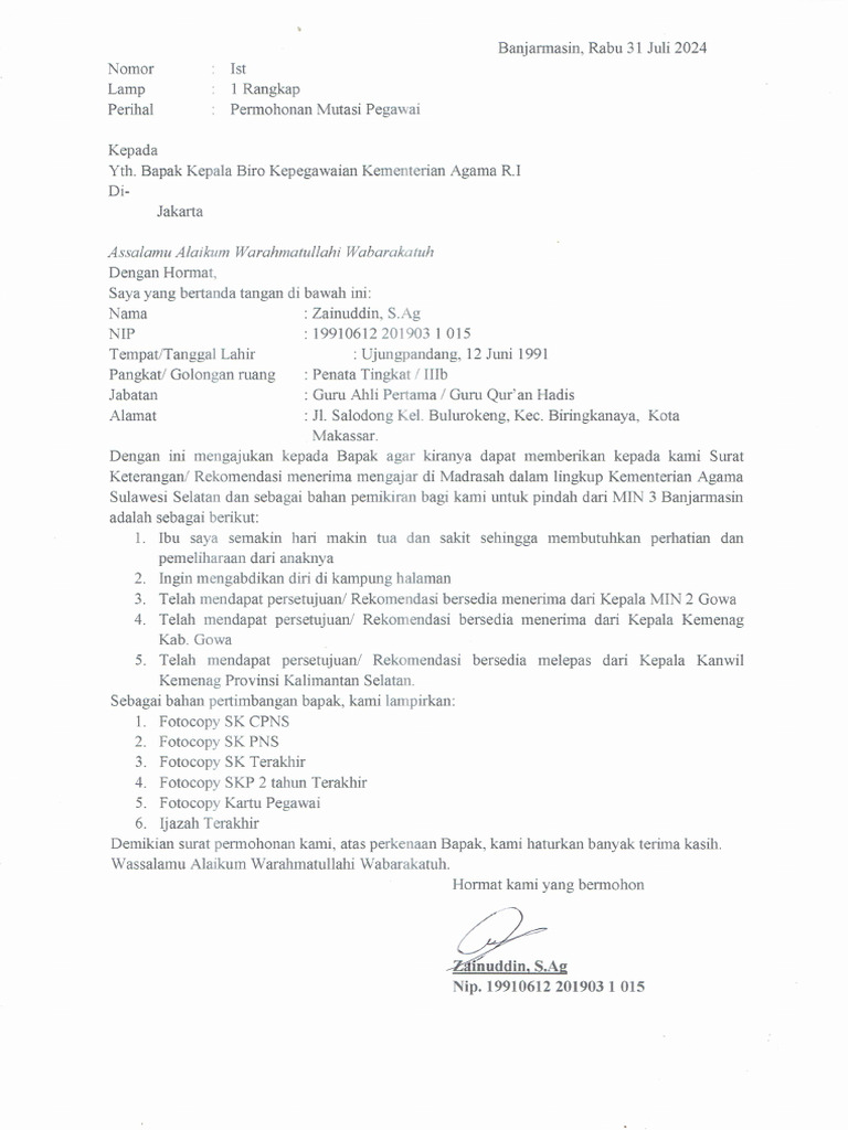 Surat Permohonan Ke Kepegawaian Pusat | PDF