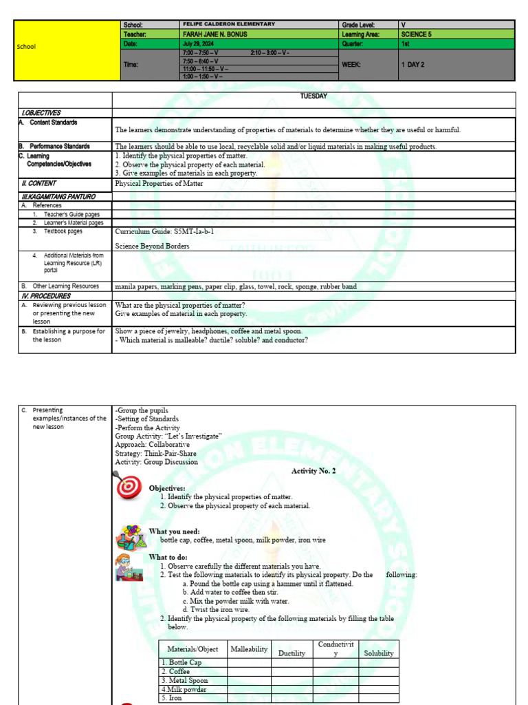 DLL Science-5 Q1 W1-D2 2024 | PDF | Ductility | Learning