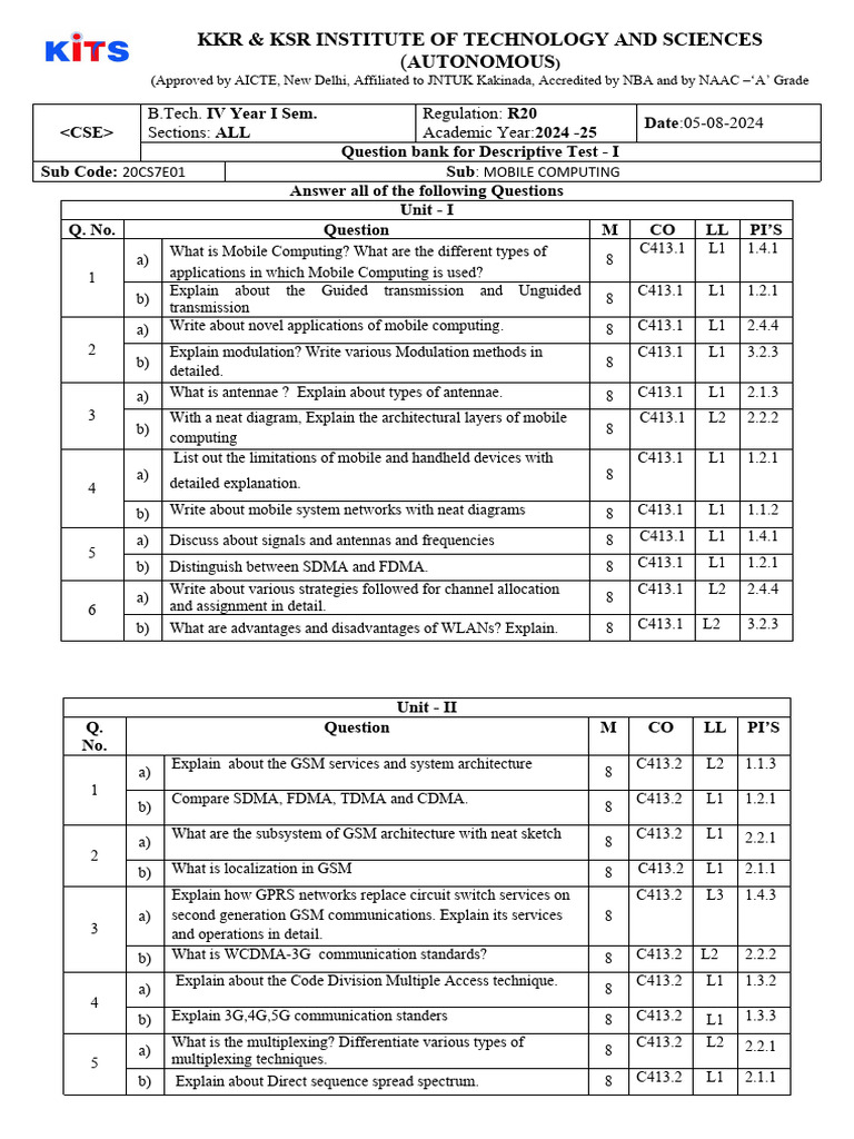 QB Format For IV-I B.tech - Mid I (R20) MC | PDF | Network Protocols ...