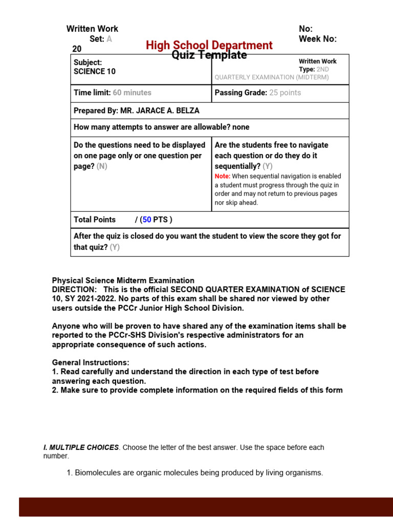 Science 10 4th Quarter Examination | PDF | Carbohydrates | Nucleic Acids