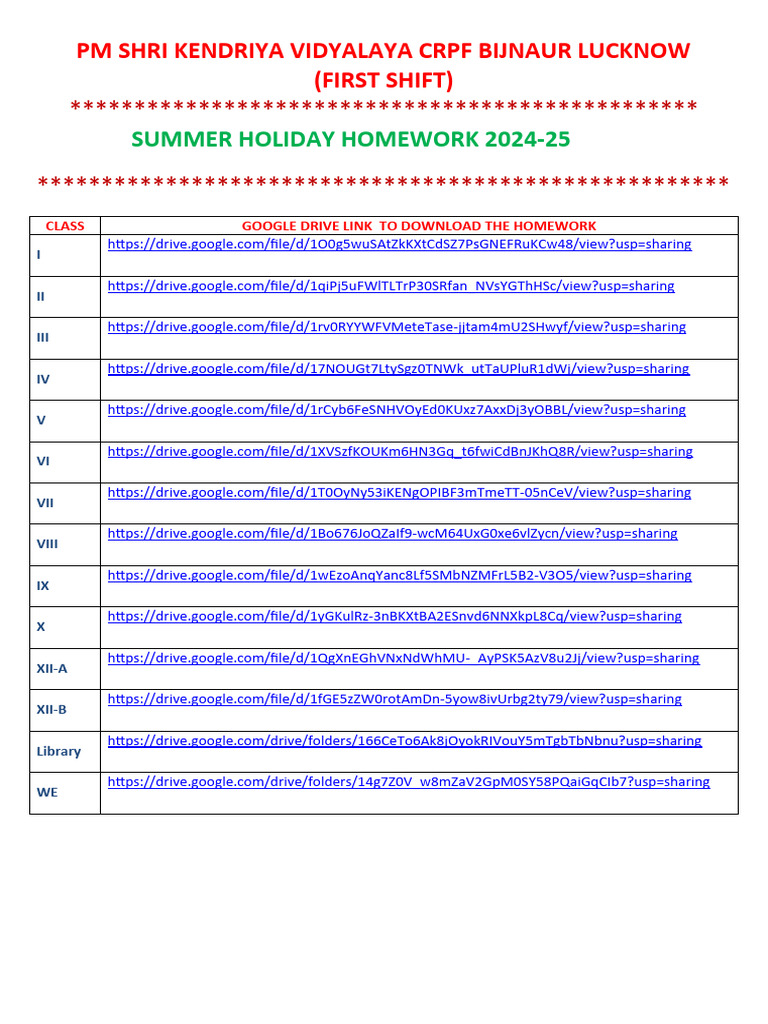 FIRST SHIFT (Summer Vacation Holiday Homework) 2024-25 | PDF ...